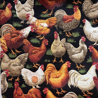 VIP Cranston Chickens Roosters Hens On Black Cotton Fabric 44” X 3 ...