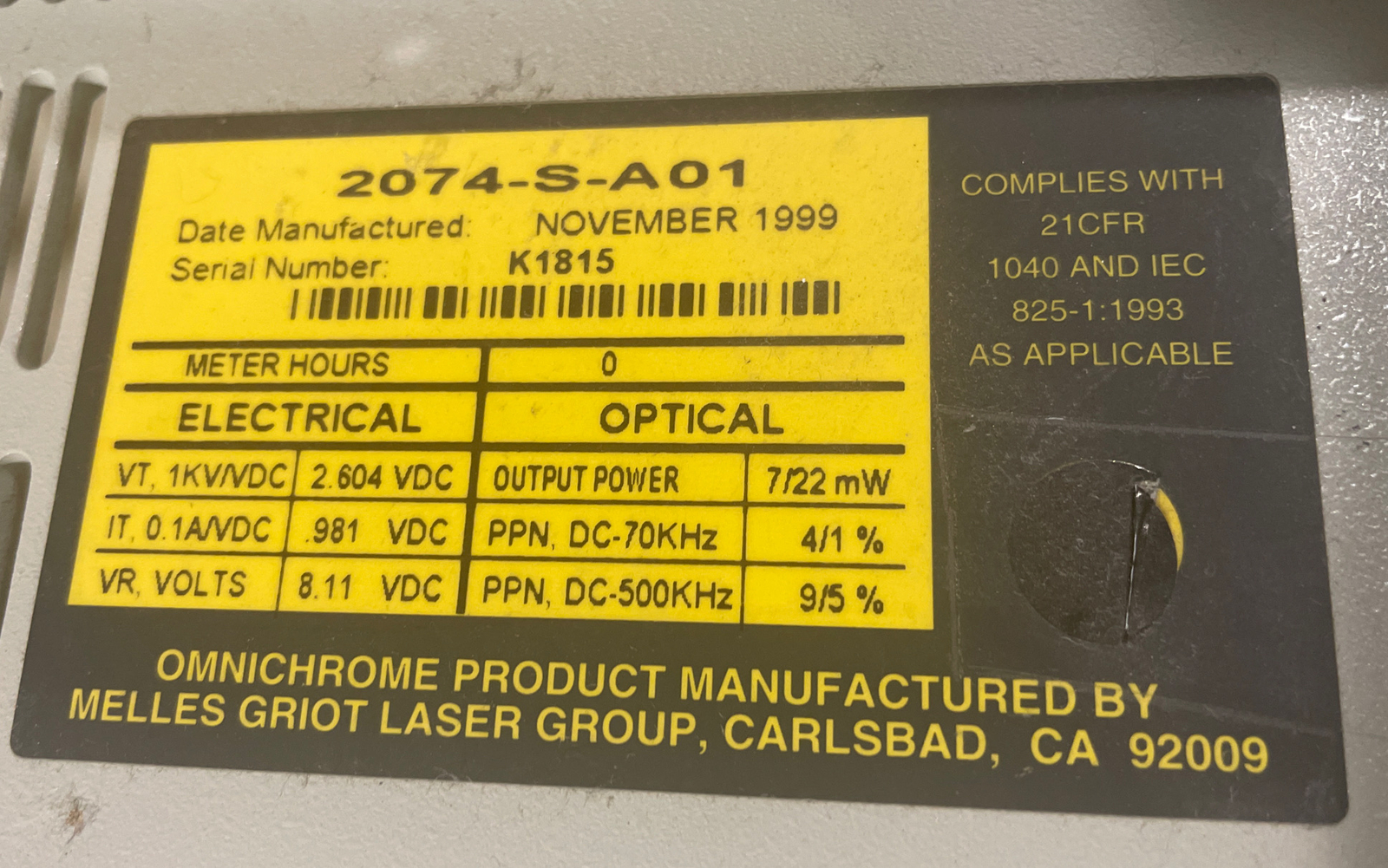 Melles Griot Omnichrome Series 74 HeCd Helium Cadmium Laser 30” 2074-S ...