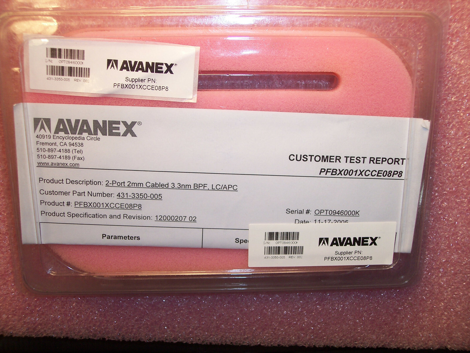 QTY (1) PFBX001XCCE08P8 AVANEX 2 PORT 2mm CABLED 3.3nm BPF, LC/APC ...