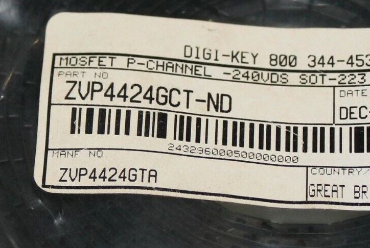 Zetex ZVP4424GTA P-Channel MOSFET -240V VDS 0.48A SMD SOT223 cut Tape ...