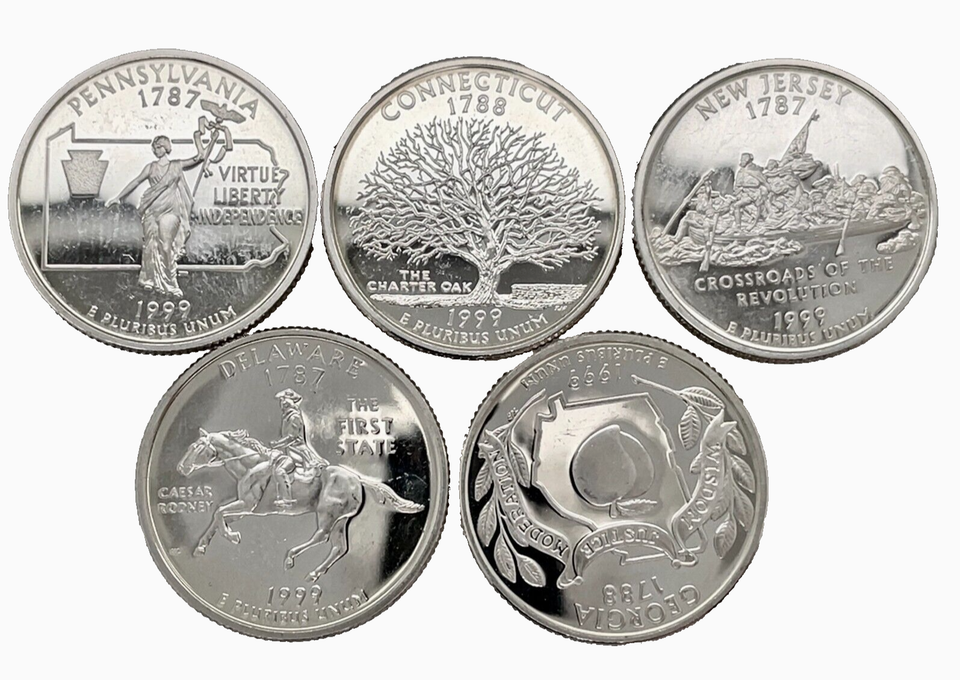 1999 S 5 Coin Year Set 50 States US Quarter 25c Gem Deep Cameo Proof 90 ...