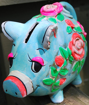 Vtg 1967 PIG Piggy Bank BLUE/PINK ROSES Holiday Fair Japan w Orig ...