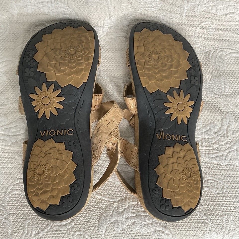 Vionic Amber-Tan Adjustable Sandals Cork Look, Gold Foil Accents Women ...