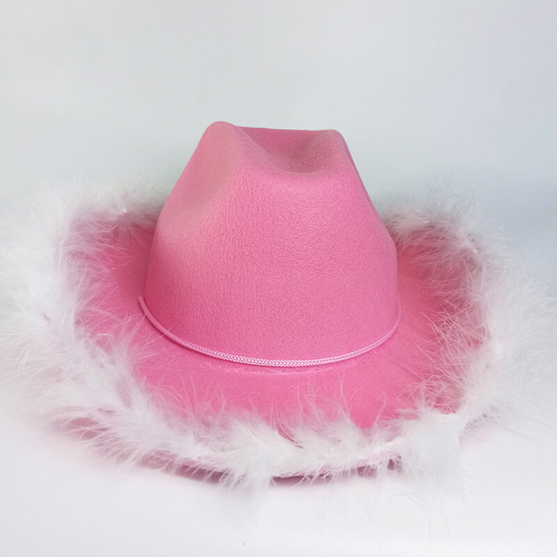 1Pc Fluffy Feather Brim Cowboy Hat Wide Brim Cowgirl Hat Rave Play ...