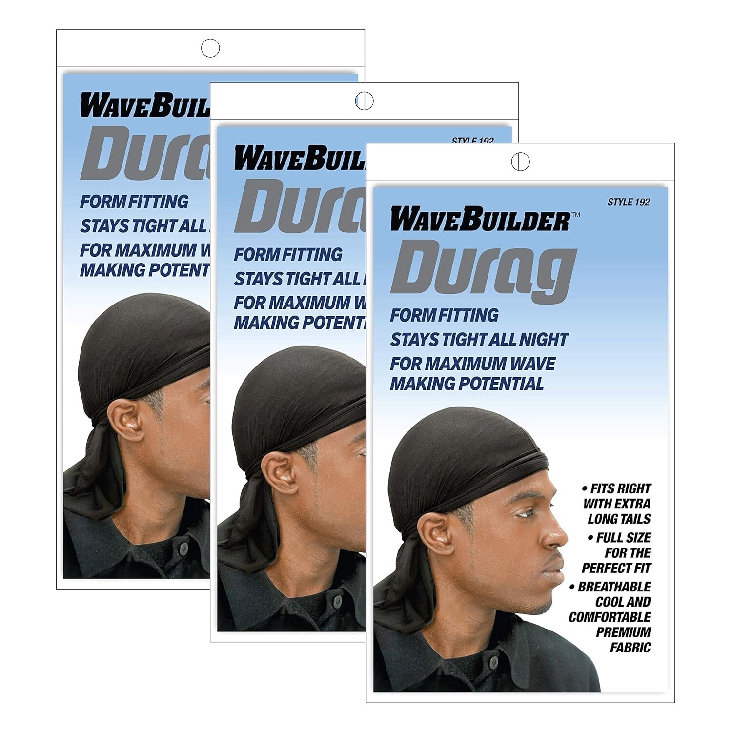 Wavebuilder Durag with Long Tails, Black 3-Pack, Best for Waves - 3 ...