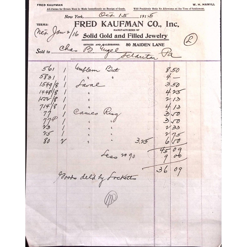 1915 NEW YORK CITY FRED KAUFMAN CO SOLID GOLD AND FILLED JEWELRY ...