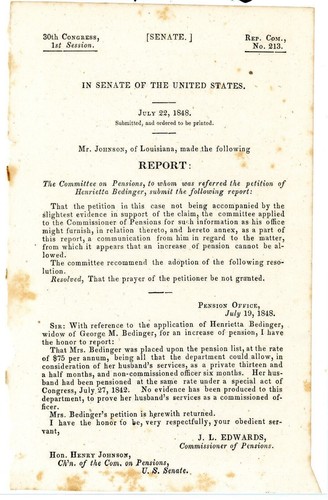 Government Report 1848 Pension Committee Widow George Bedinger Increase ...