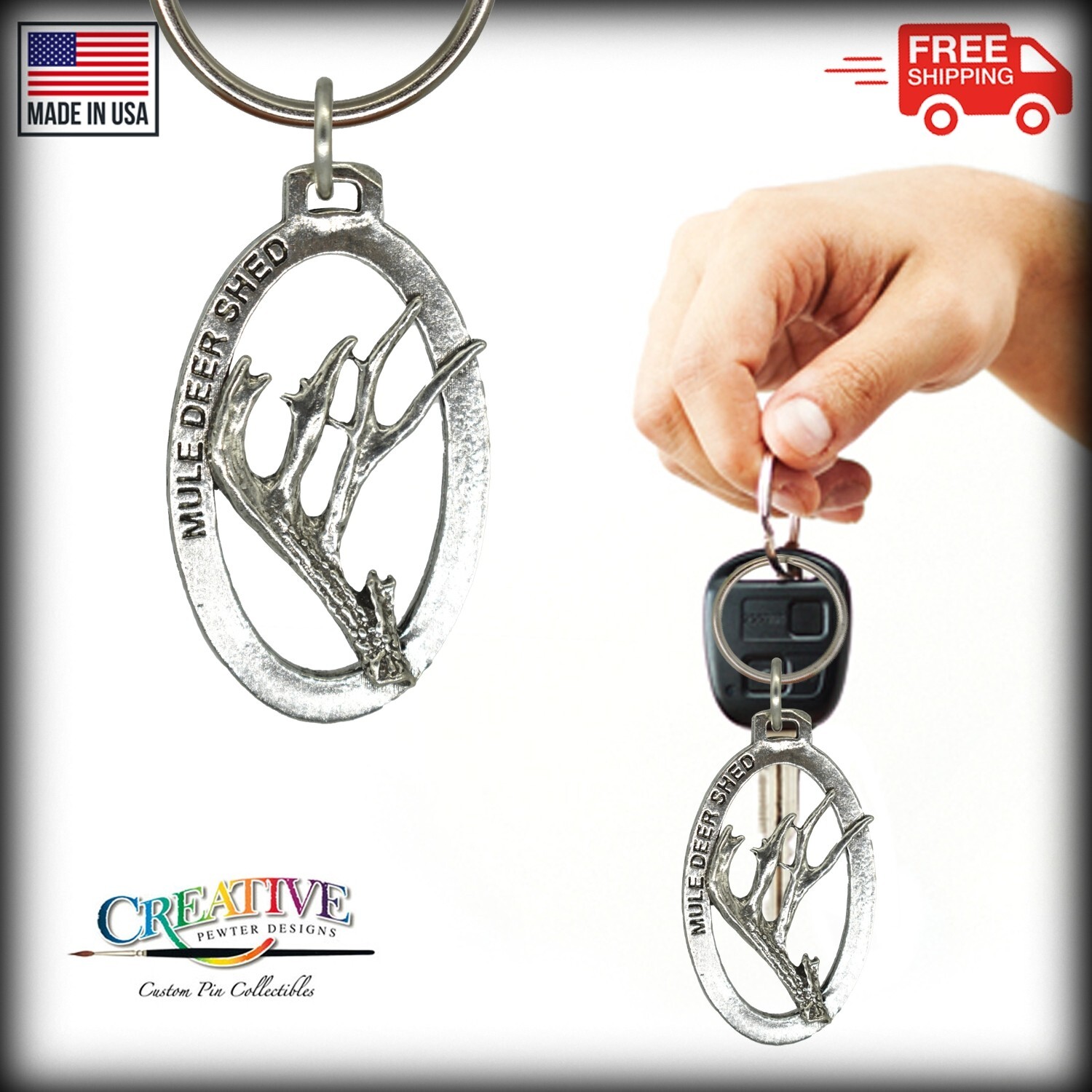Mule Deer Antler Shed Pewter Keychain, Antler, Hunting, Buck, Key Fob ...
