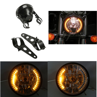 7" Motorcycle Headlight LED Turn Signal Light Black Bracket Mount 28mm ...