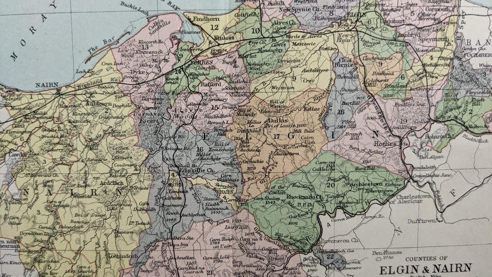 1891 Schottland Grafschaft Landkarte Elgin & Nairn Forres Kinloss ...