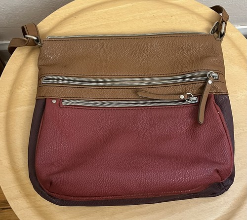 Relic Brand Purse Crossbody Faux Leather Tan Purple Red 2 Pocket EUC | eBay