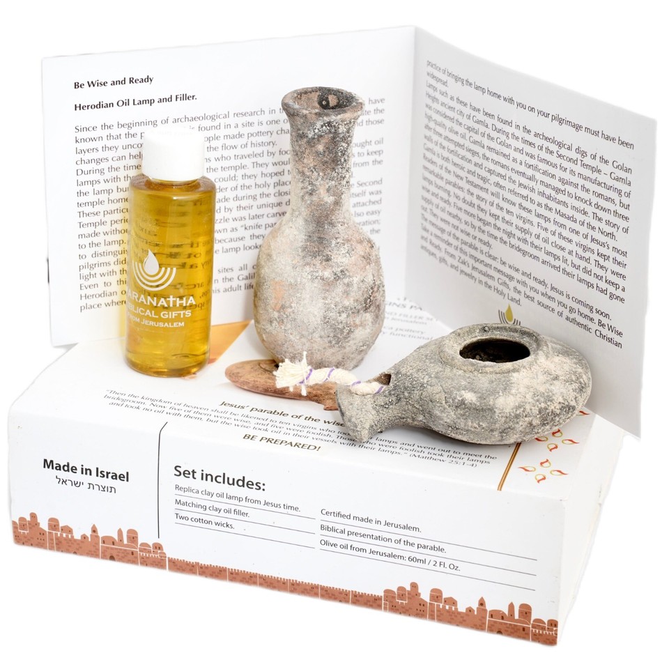 Biblical Clay Functional Oil Lamp & Filler Burner Holy Oil Christian ...