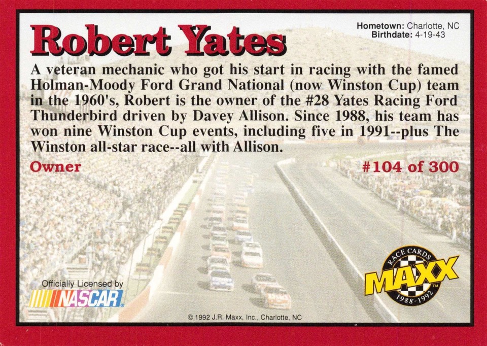 Robert Yates 1992 Maxx (Red) #104 Robert Yates Racing | eBay