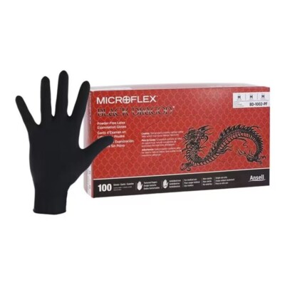 *100-Gloves* Microflex Black Dragon PF Examination Latex Medium BD-1002 ...