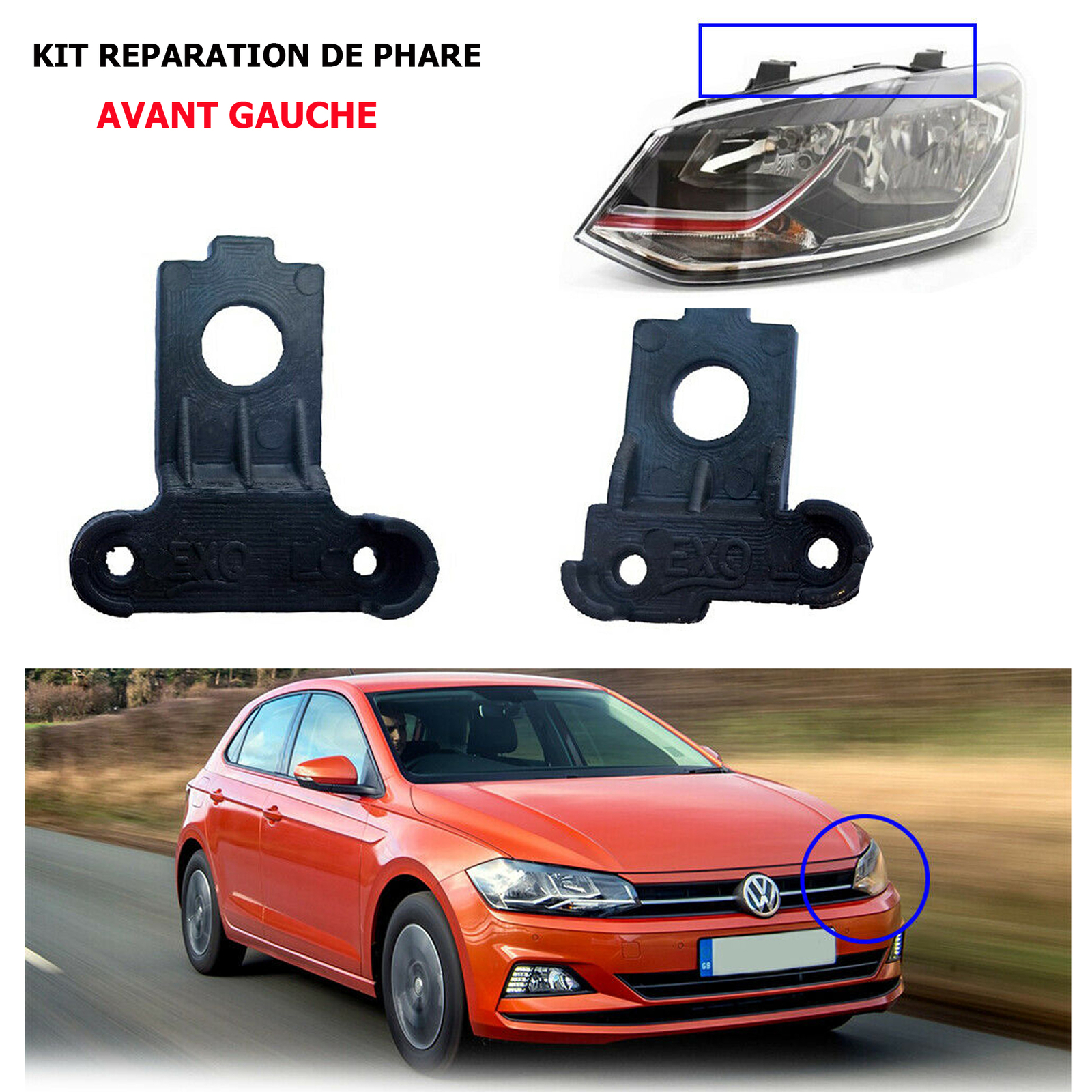 Support Clips Reparation Phare Avant Gauche pour Polo à partir de 2016 ...