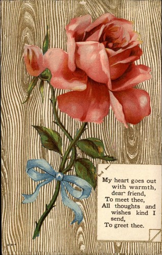 Birthday poem wood grain pink rose blue ribbon~ 1911 J Hetherington ...