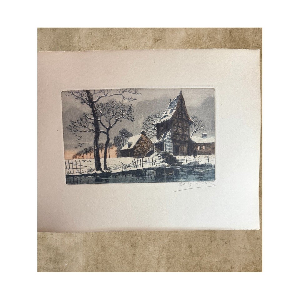 Signed Hand Colored Etching Winter Landscape European Village Art Print ...