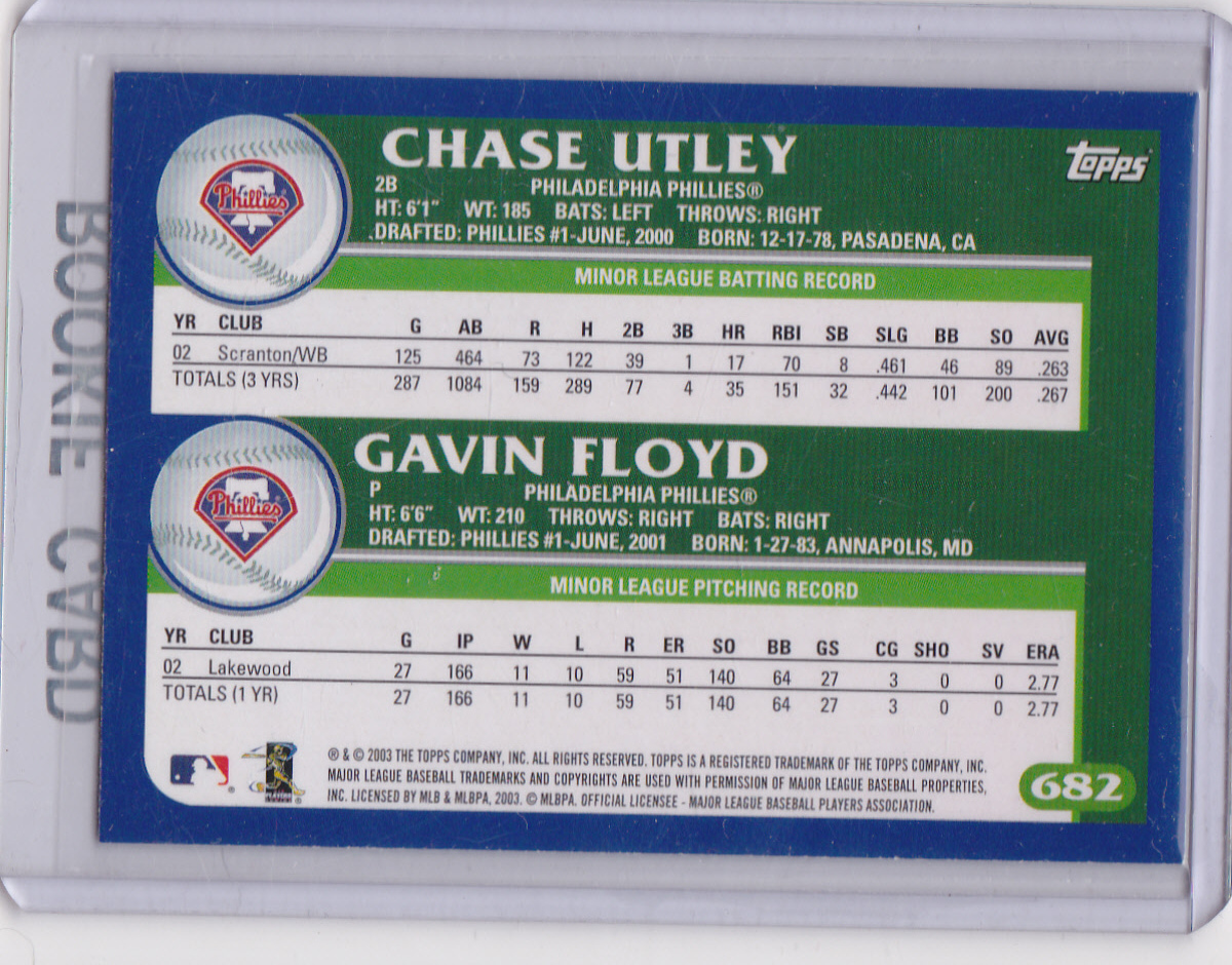 Chase Utley TOPPS ROOKIE BASEBALL Card RC Prospects Philadelphia ...