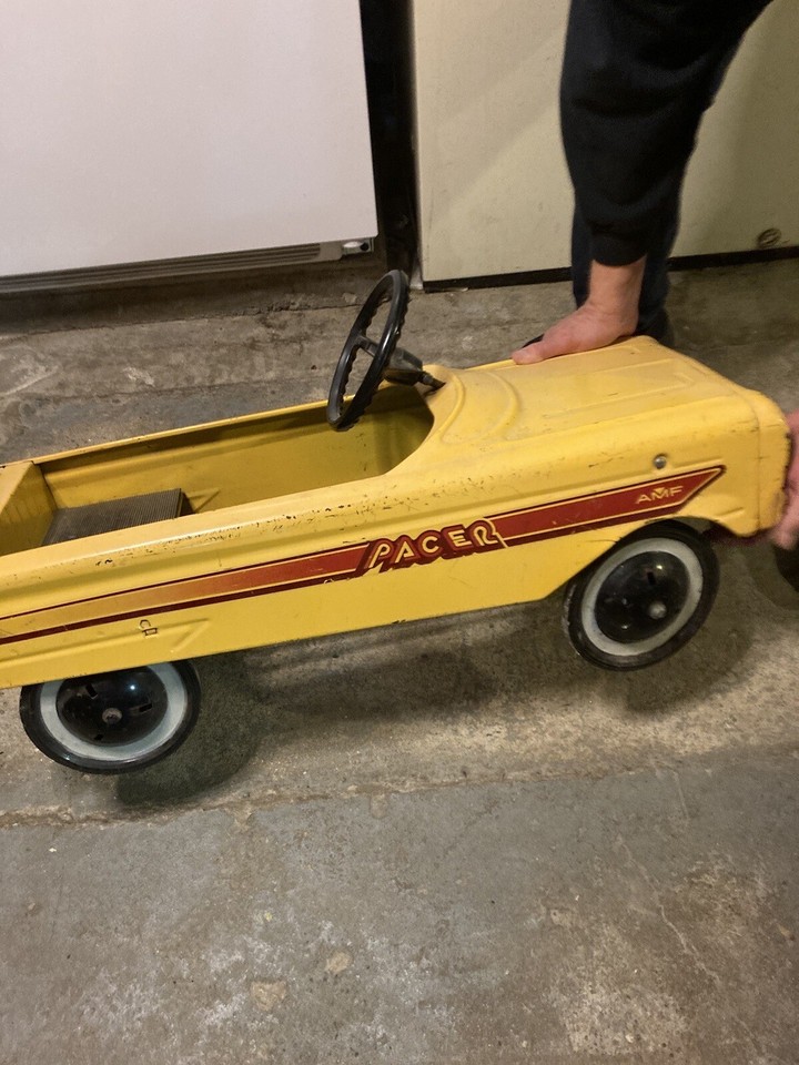 Vintage AMF yellow PACER Pedal Car~Metal Collectible Riding Hot Rod ...
