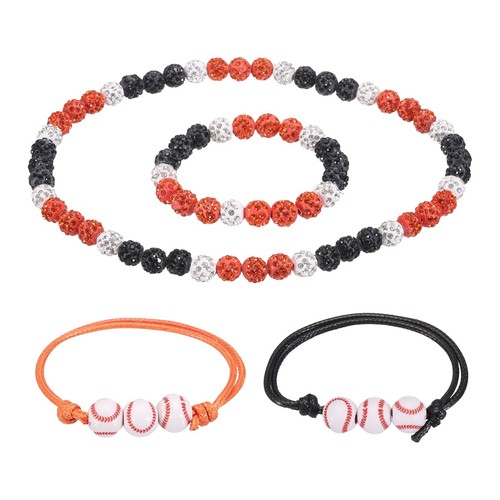 4Pcs Baseball Necklace Set 7" Bling Beaded Chain 18" Bracelet Orange ...