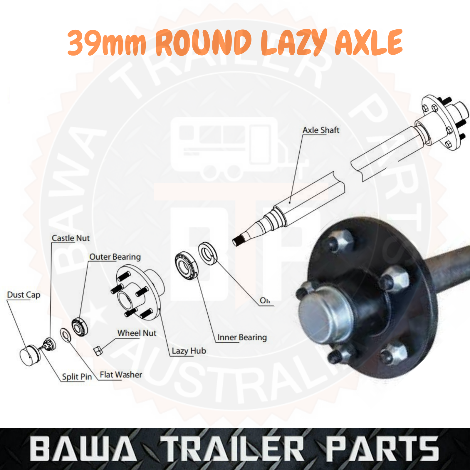Natural 39mm Round Lazy Axle 48" - 70" Long 750kg Rating Assembled with ...