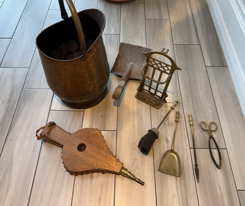 Fireplace Set with Coal Bucket, Poker, Brush, Tongs, and Shovel and ...