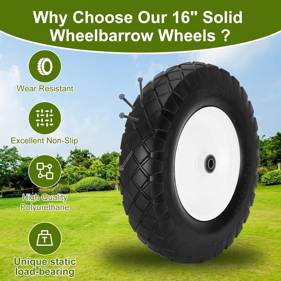 Upgraded 16" Flat Free Wheelbarrow Wheels & Tires, 4.80/4.00-8 Solid ...