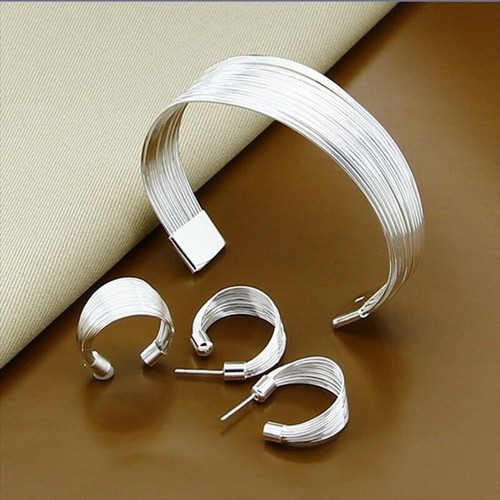 925 Silver Sets Multi-Line Bangle Ring Stud Earrings Women Wedding Jewelry Sets | eBay