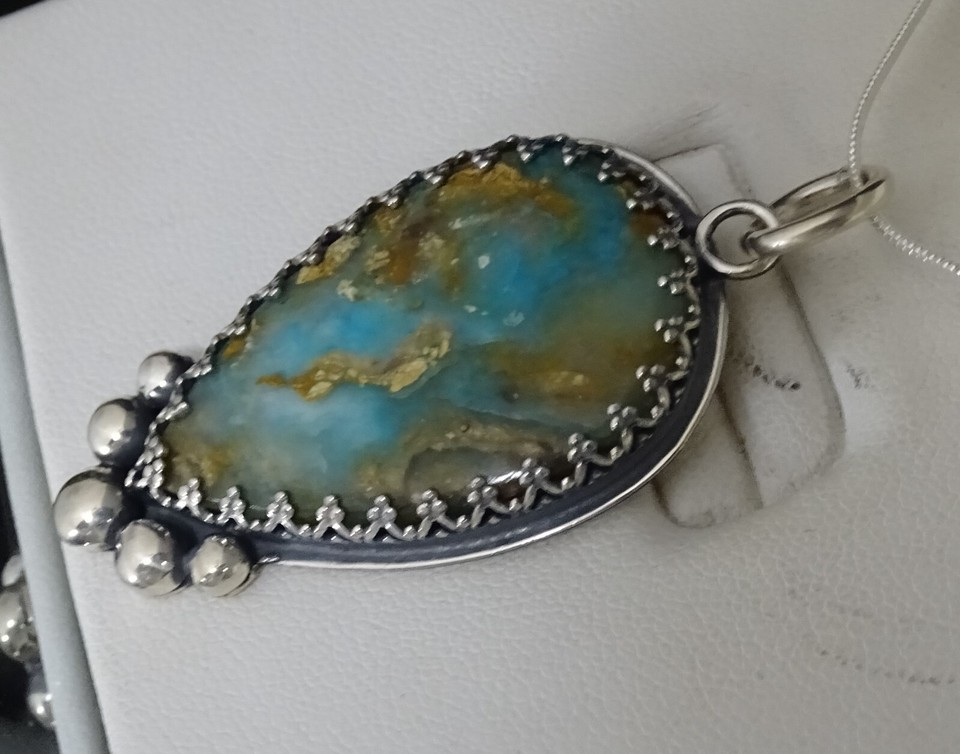 HANDMADE PERUVIAN BLUE OPAL PENDANT CUSTOM STERLING SILVER SETTING ...
