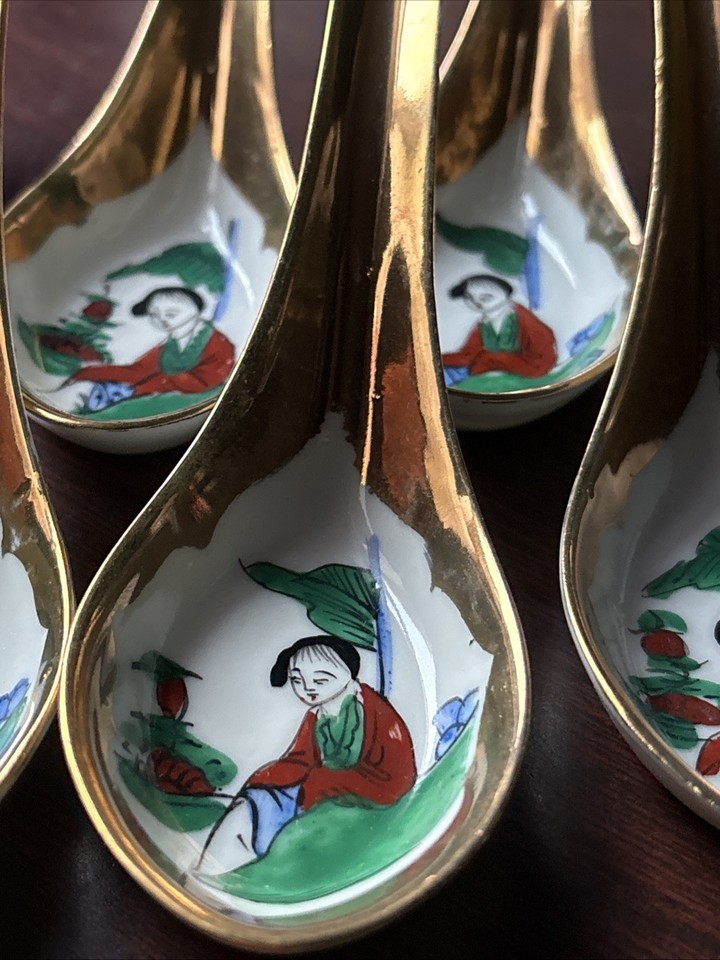 Chinese Geisha Hand Painted Enamel Soup Spoons Set (7) | eBay