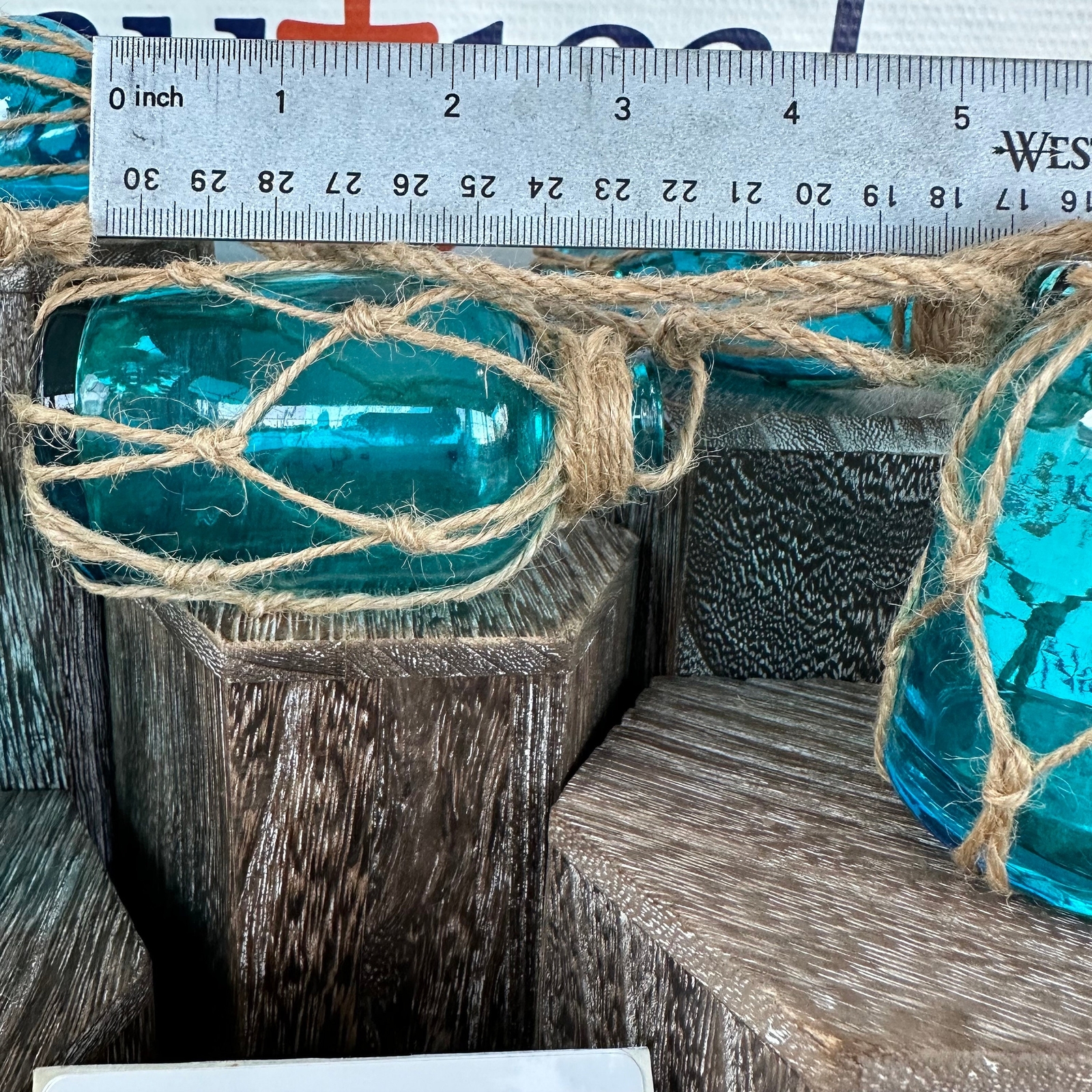 5 - Aqua Glass Bottles On Rope - Nautical Fish Net Buoy Ball Floats ...