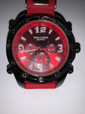 Techno King Quartz Mens Fashion Watch. New Battery. Red Silicone Band ...