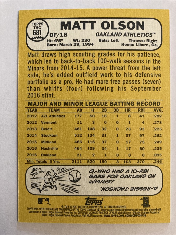 Matt Olson 2017 Topps Heritage PURPLE REFRACTOR Rookie Card #681 (5760 ...