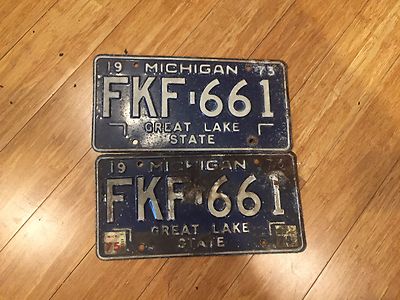 Vintage Lot of 2 1973 Michigan License Plate FKF661 White on Blue | eBay