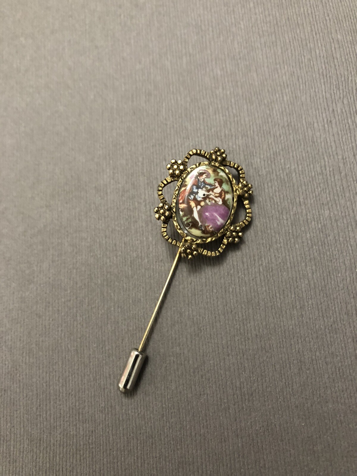 Vintage Colonial Porcelain Art Cameo PIN Oval Fantas… - Gem