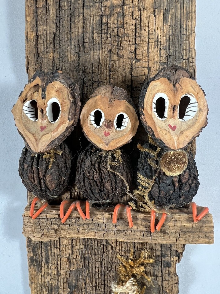 Handmade Wall Hanging Three Walnut Shell Owls on Wood Plaque 8.5" Tall ...