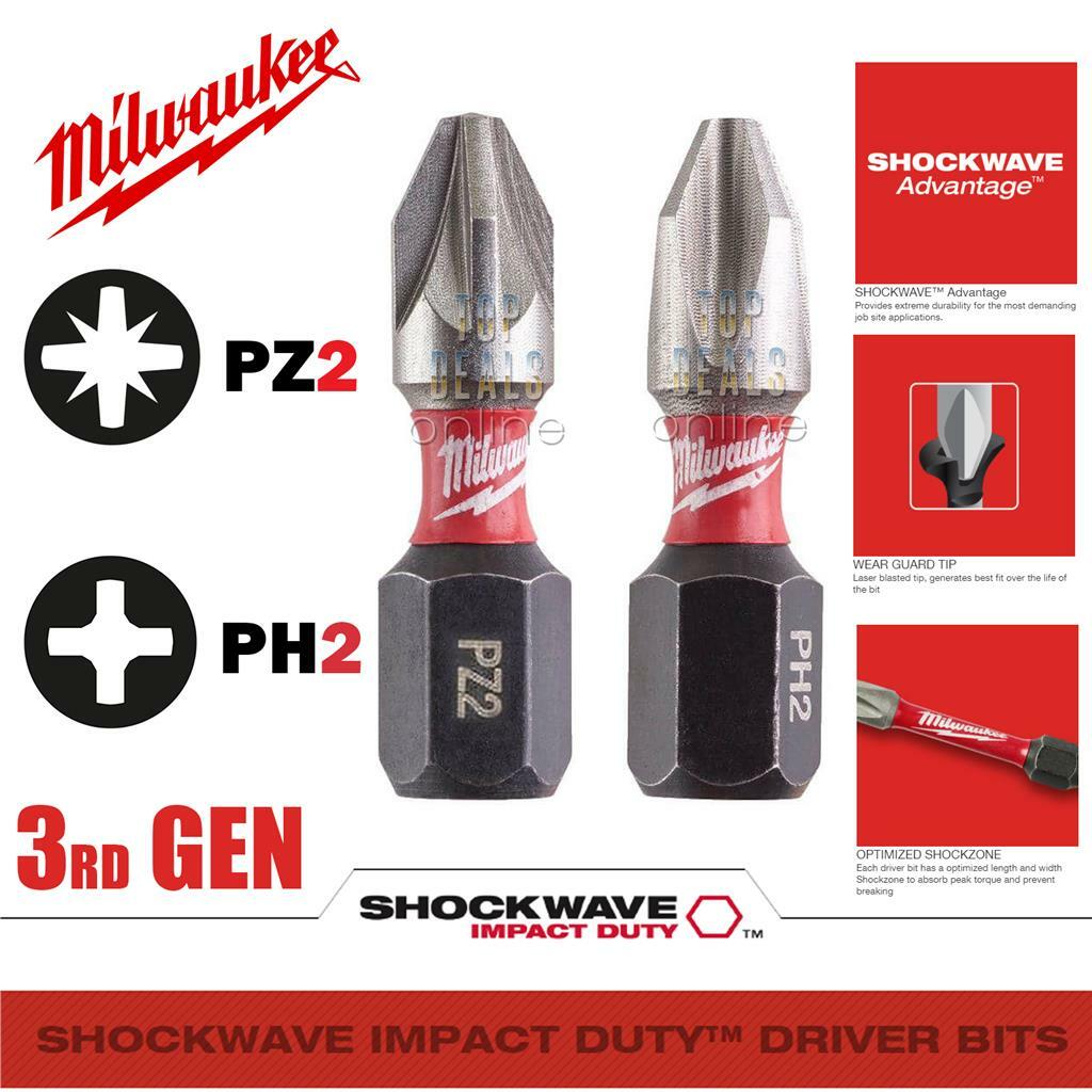 Milwaukee PZ2 PH2 50mm or 25mm option Shockwave Impact Screwdriver Bits ...