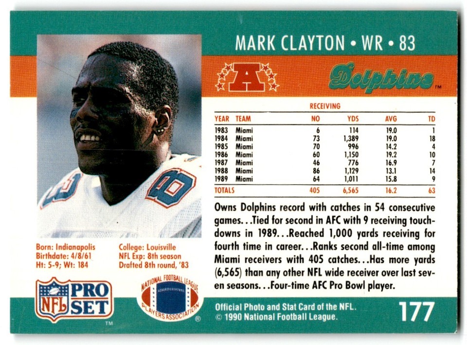 1990 Pro Set Mark Clayton Miami Dolphins #177 | eBay