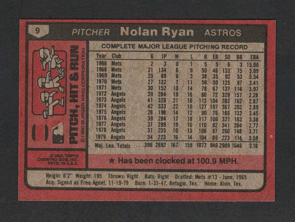 1980 Topps Burger King Baseball Card #9 Nolan Ryan – Houston Astros # ...