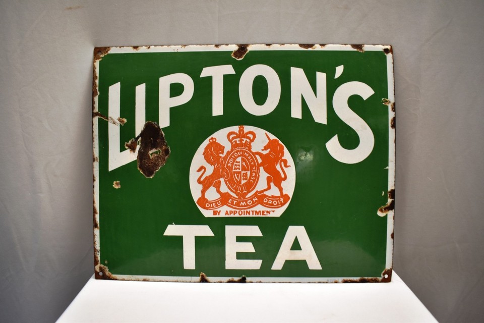 Vintage Lipton Tea Porcelain Enamel Advertising Sign 16x13 British Shop ...
