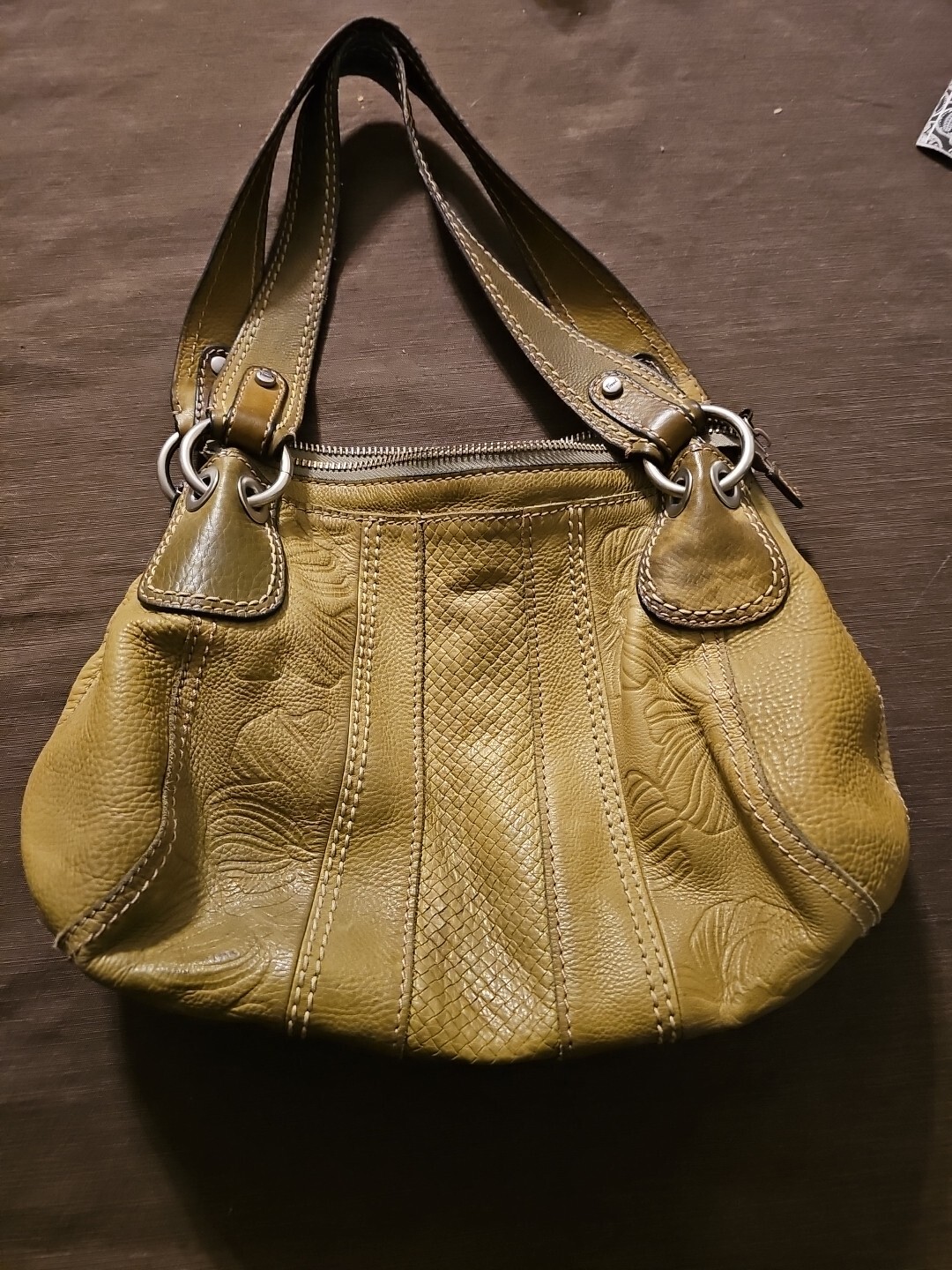 vintage fossil green leather floral handbag - Gem