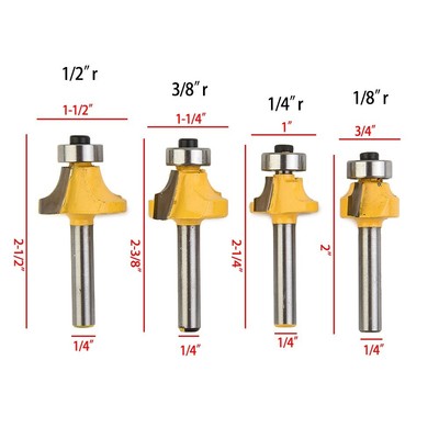 4pcs/set 1/4Inch Shank Round Over Bead Edge Forming Router Bit 1/2 3/8 ...