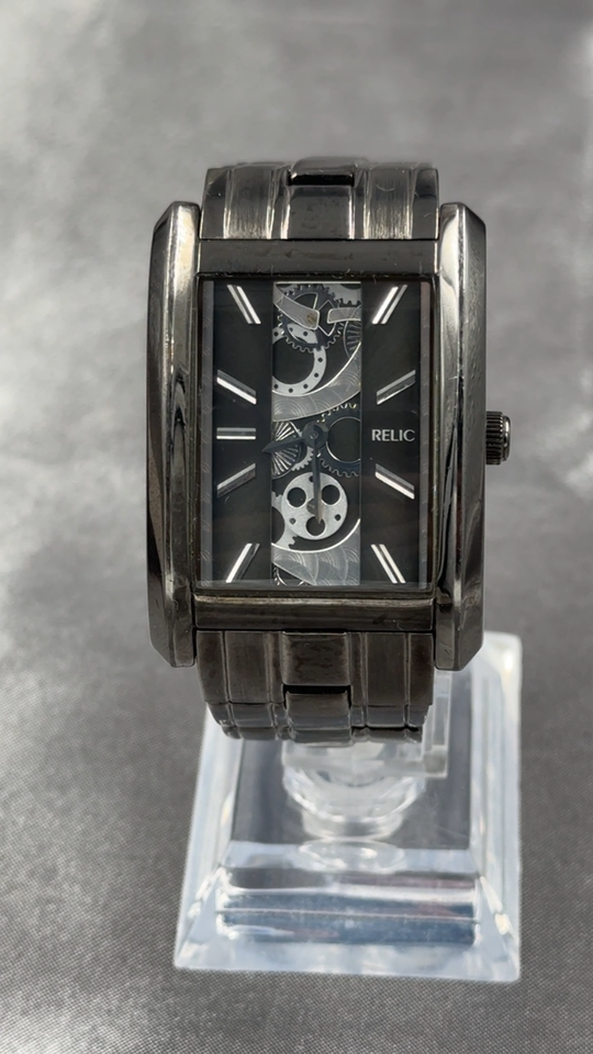 RARE Relic by Fossil Mens Skeleton Rectangle Gunmetal Steel Watch ...