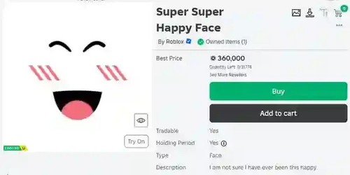 Roblox Limited SUPER SUPER HAPPY FACE | clean & legit | eBay