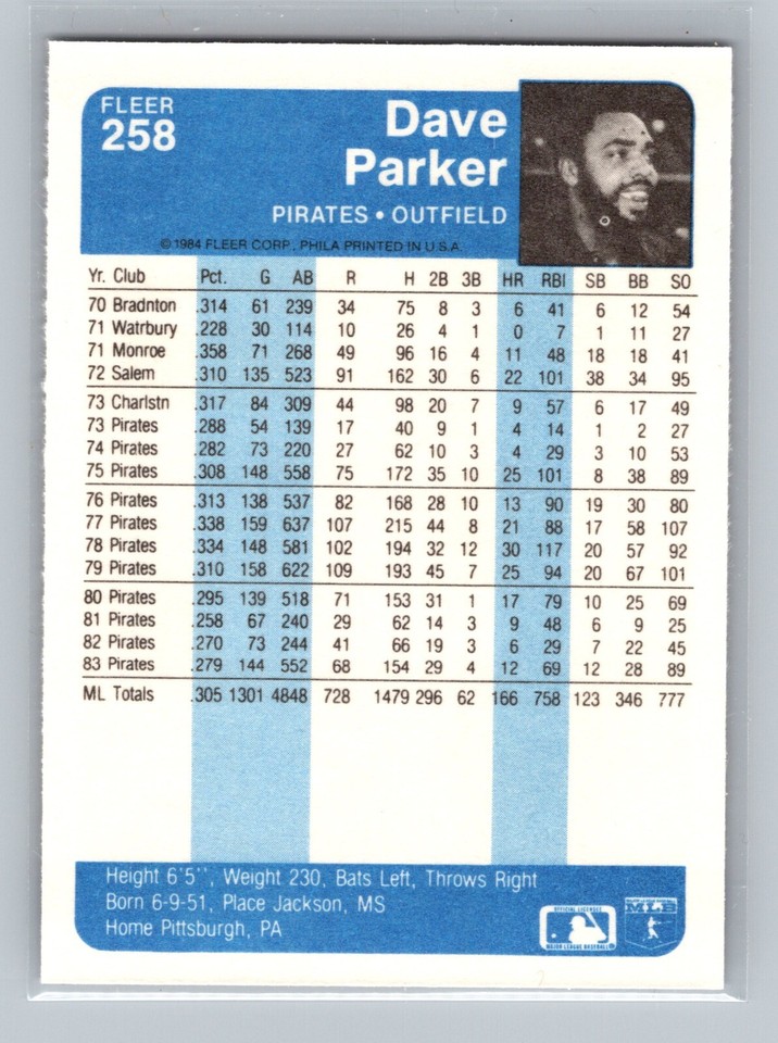 1984 Fleer Dave Parker #258 - Pittsburgh Pirates | eBay