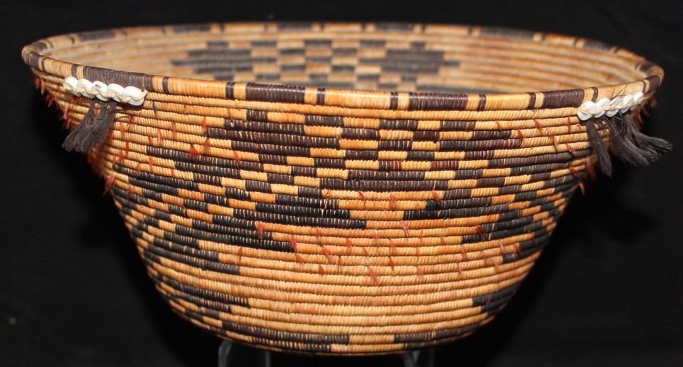 Vintage Pomo Basket with Feathers and Shell Beads | eBay