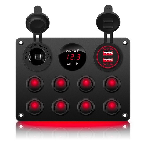 8 Gang Toggle Rocker Red LED Switch Panel with USB for Car Boat Marine ...