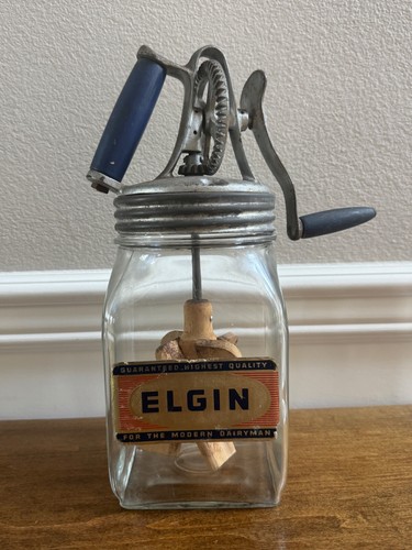 VINTAGE 2 QT ELGIN GLASS HAND CRANK BUTTER CHURN BLUE HANDLES WORKING ...