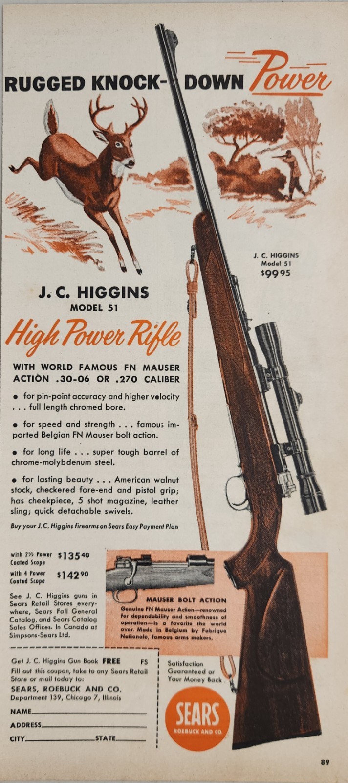 1956 Print Ad J.C. Higgins Model 51 Rifle FN Mauser .30-06 or .270 ...