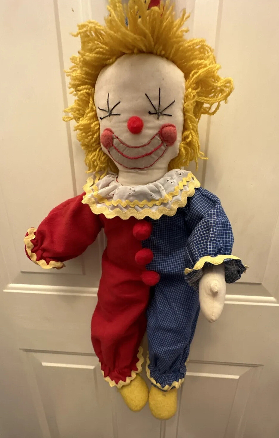 Vintage Rare Folk Art Handmade Cloth Clown Doll Red Poms Raggedy Andy ...